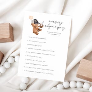 Nursery Rhyme Quiz, Baseball Bear Baby Shower, Baby Shower Game ...