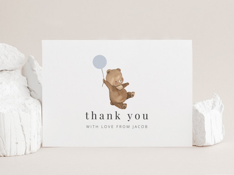 Editable Thank You Card, Bear Blue Balloons, Bear Thank You Note, Beary ...