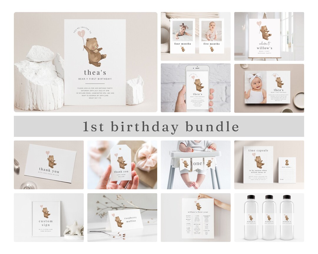 1st Birthday Heart Bear Balloon Bundle, Bear Pink Balloon, 1st Birthday ...