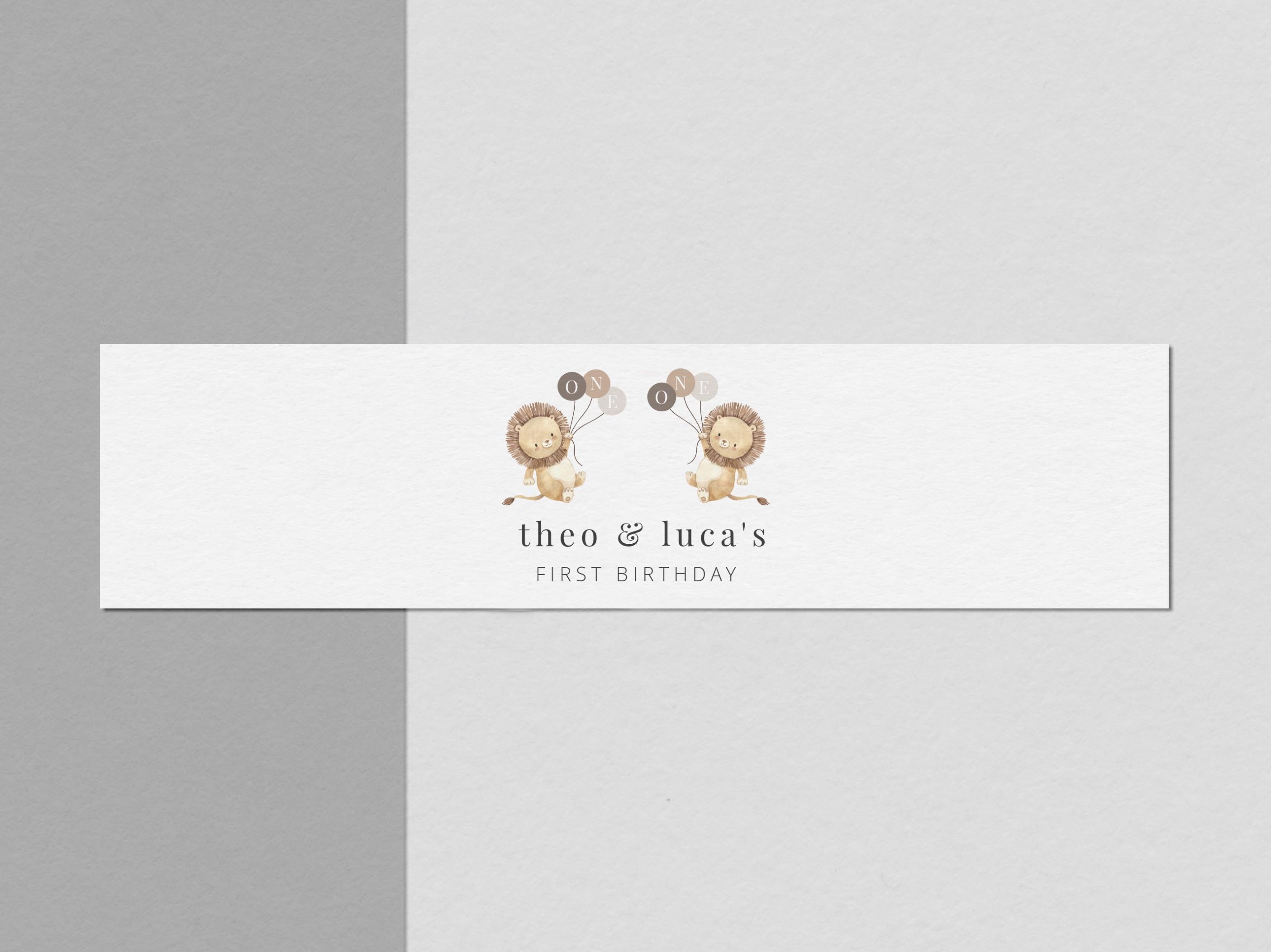 Lion Twins Water Bottle Label Template, 1st Birthday Twins, Lion ...