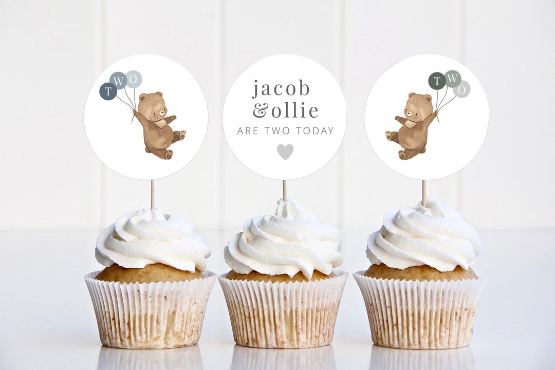 Bear Twin Boys Cupcake Topper, 2nd Birthday Bear, Blue Green Balloons ...