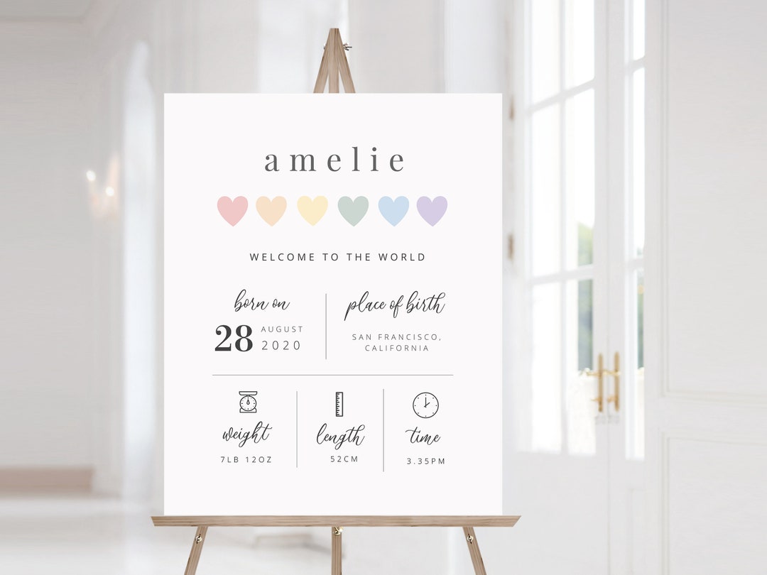 Birth Details Poster, Rainbow Birth Details Print, Baby Girl Birth ...