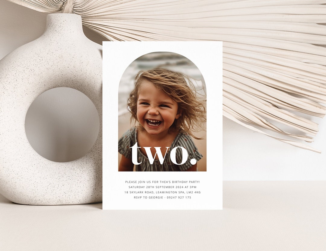 Two Birthday Invitation Template, Arched Photo Invitation, Boho ...