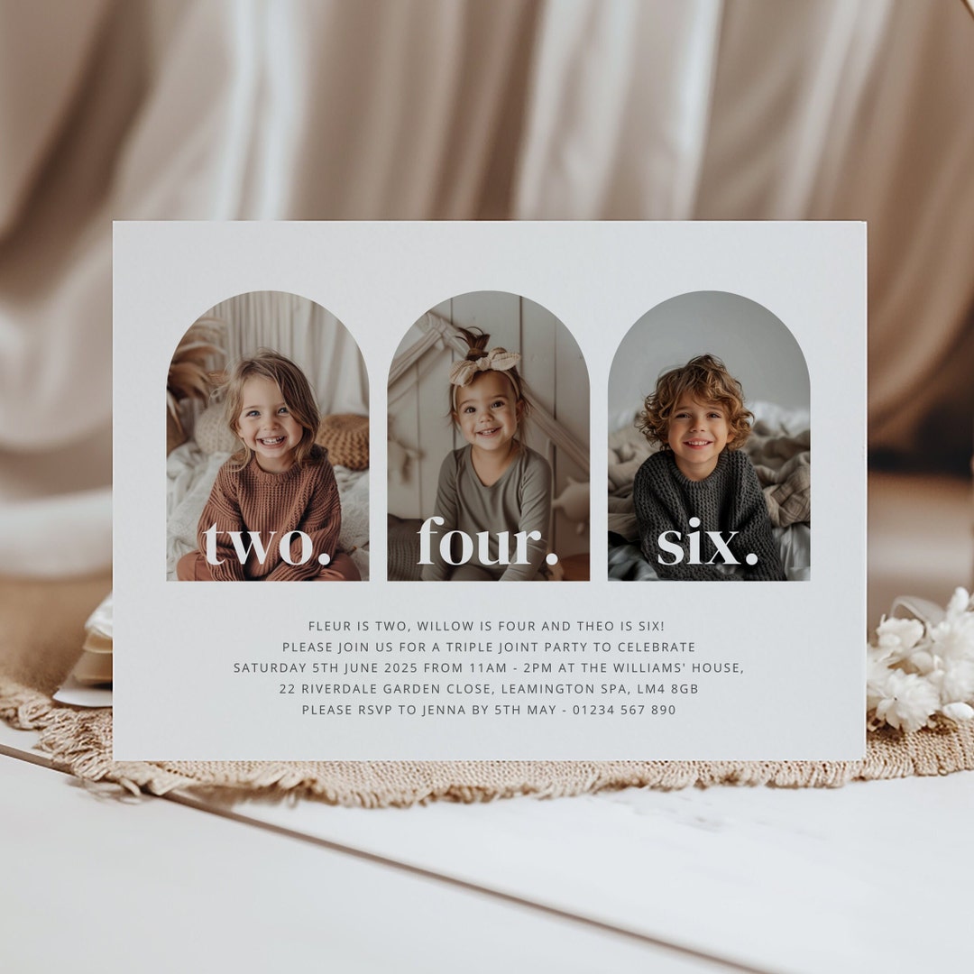 CANVA Template, Triple Birthday Invitation, 3 Siblings Birthday, Boho ...