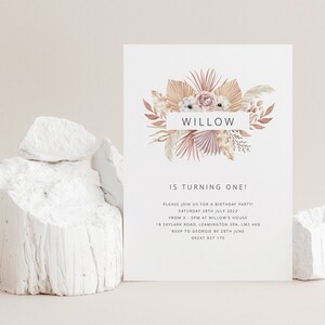 Boho Birthday Invite Template, Rose Boho Birthday Invite, 1st Birthday ...
