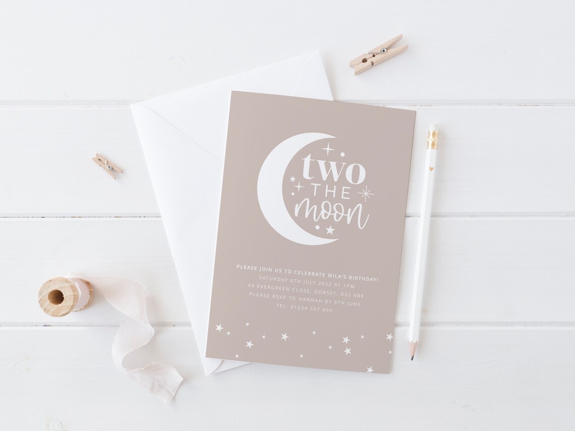 Two the Moon Invite Template Blush Moon Stars Invitation | Etsy