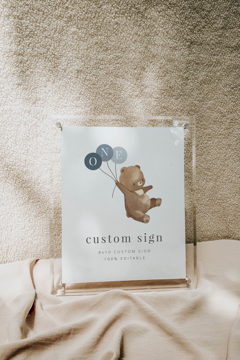 Bear Custom Sign Template, Bear Blue Balloons, Editable Sign, Bear Baby ...