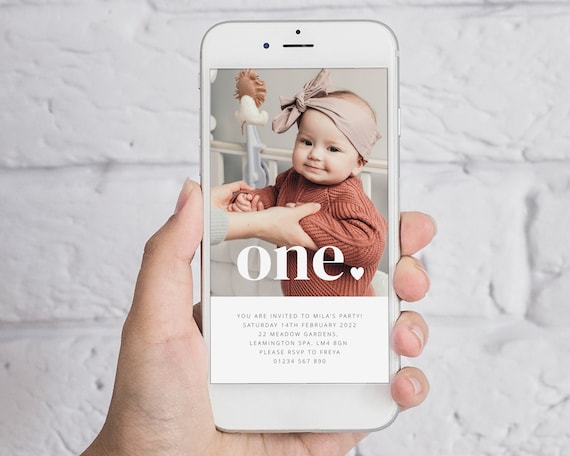 First Birthday Evite Girl Photo Invitation Text Message - Etsy