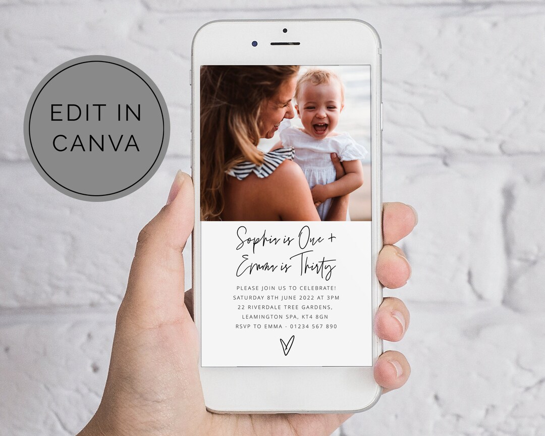 Parent Child Birthday Evite, Joint Photo Invite, Canva Template, Double ...
