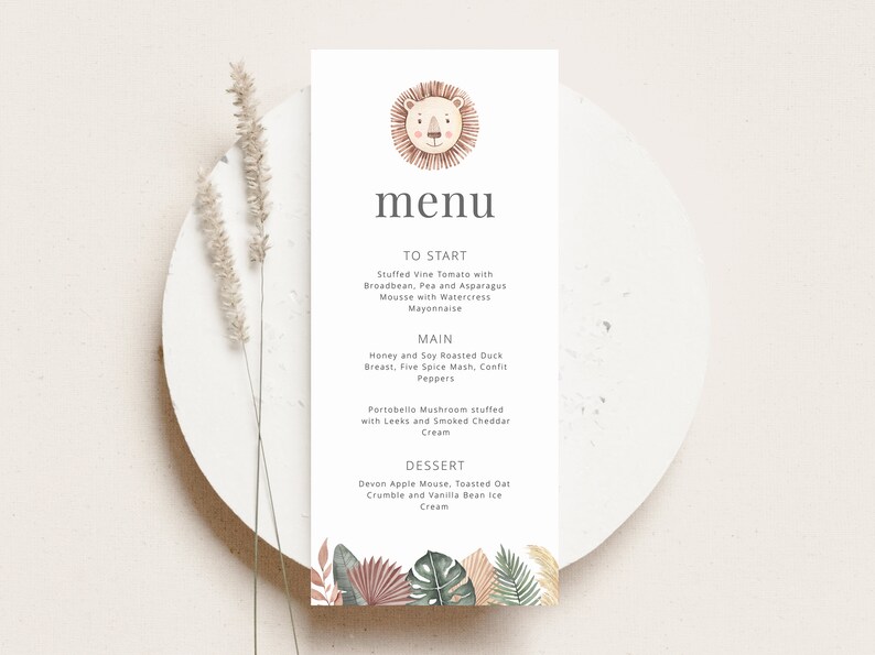 Lion Menu Template Safari Baby Shower Jungle Safari Menu - Etsy