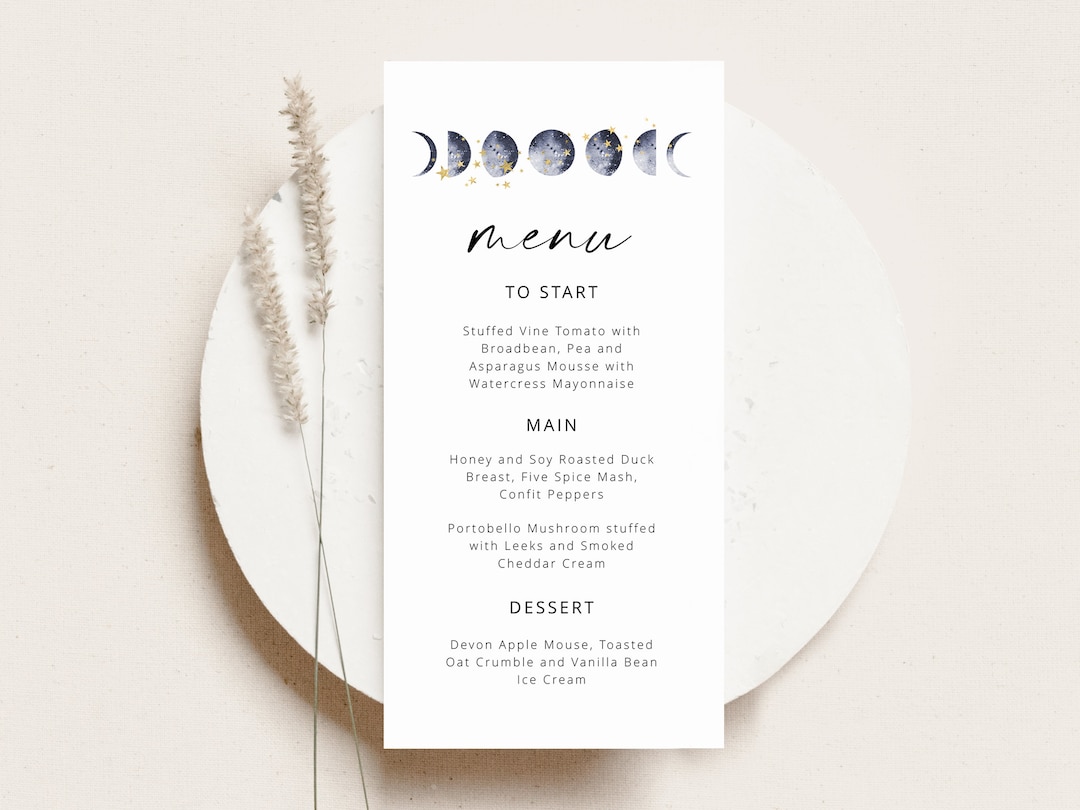 Moon Phases Menu Template, Celestial Wedding, Menu Template, Navy Moon ...