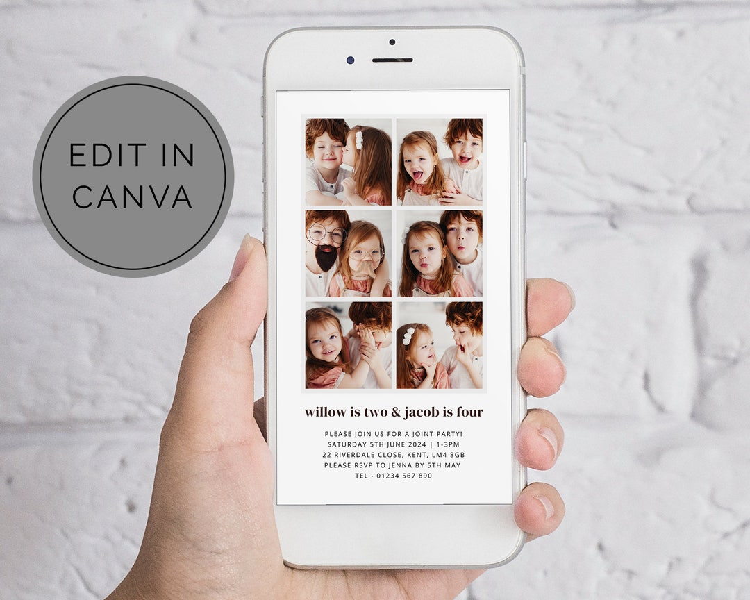 Joint Birthday Invite, Canva Template, Photo Collage Evite, Sibling ...