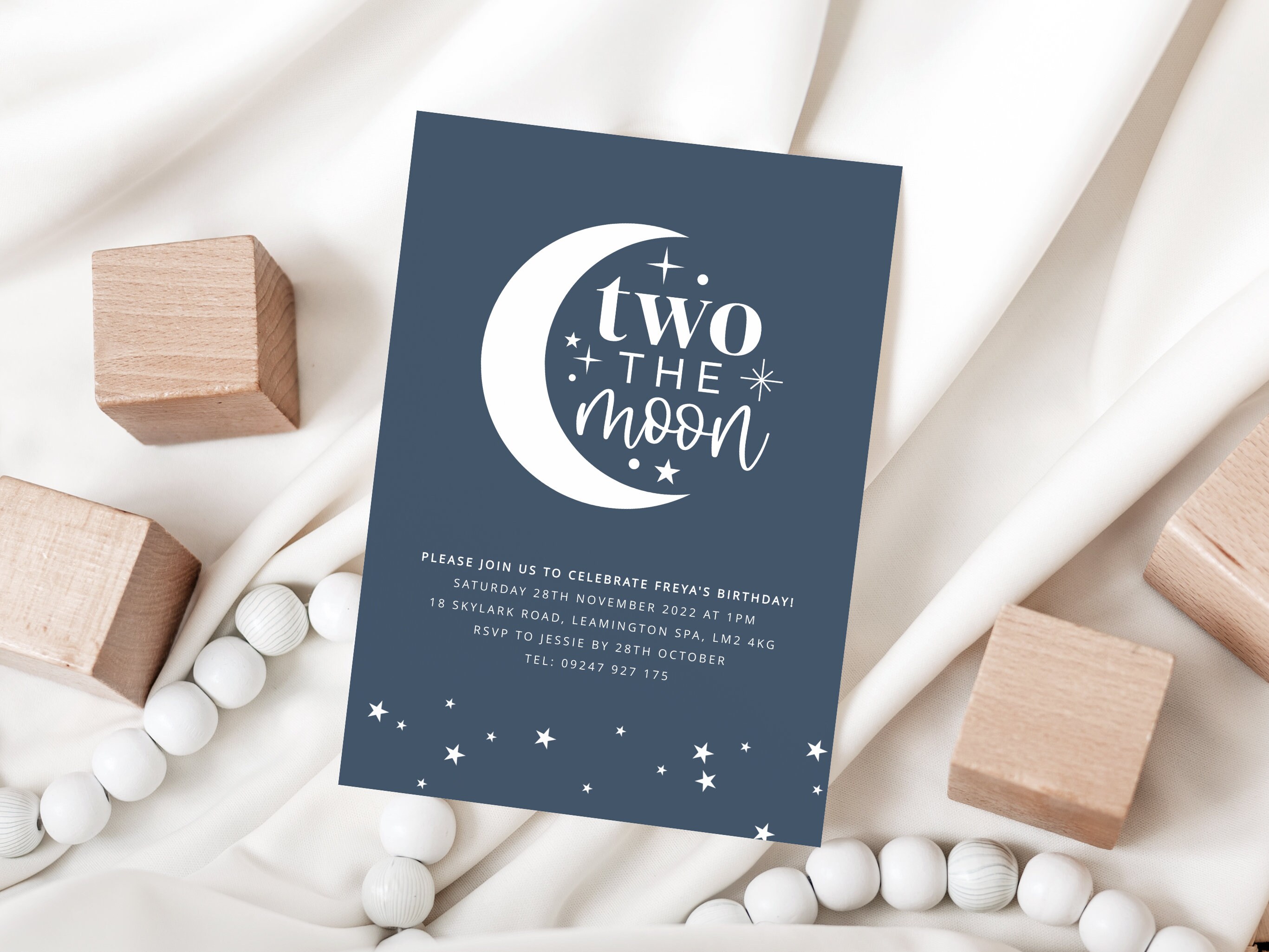 Two the Moon Invite Template Navy Moon Stars Invitation | Etsy