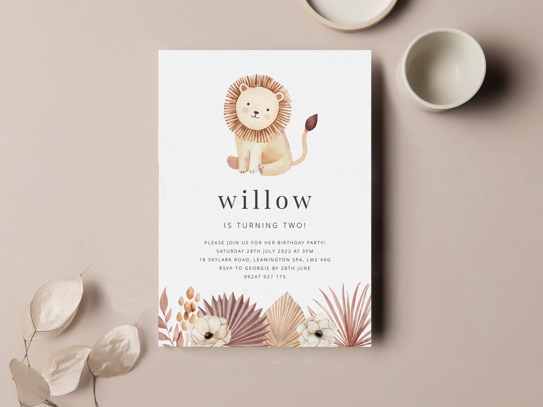 Editable Lion Birthday Invite | Boho Floral Lion Birthday | Jungle ...
