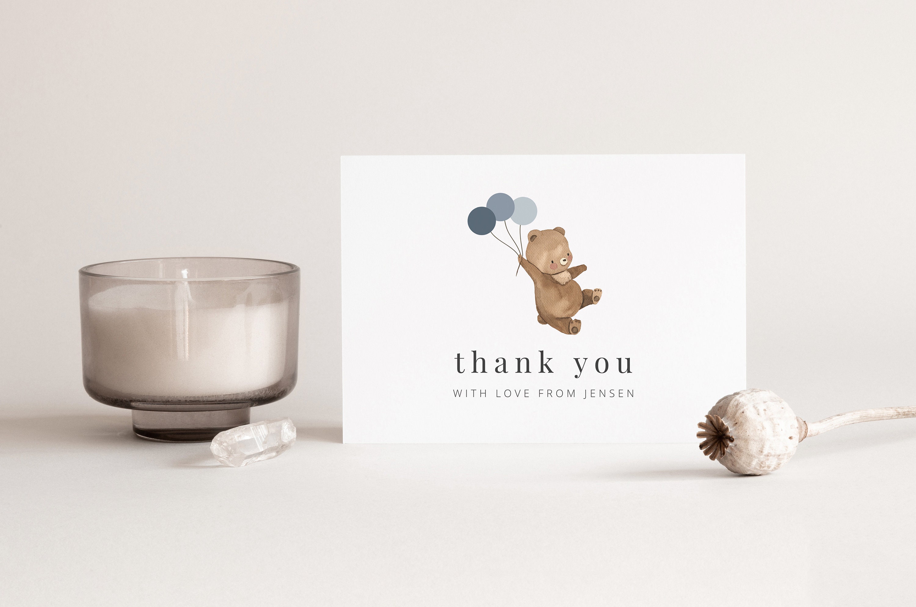 Bear Thank You Card Template Bear Blue Balloons Thank You | Etsy