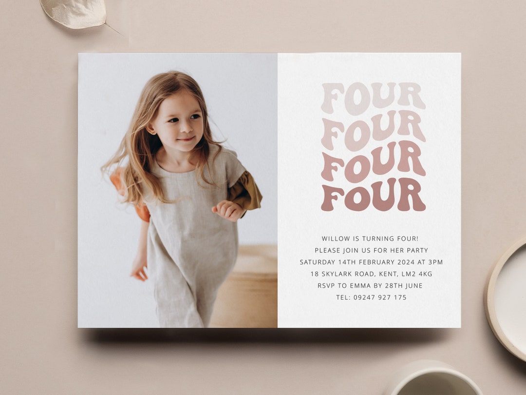 Fourth Birthday Invitation Template, Photo Birthday Invitation, Modern ...