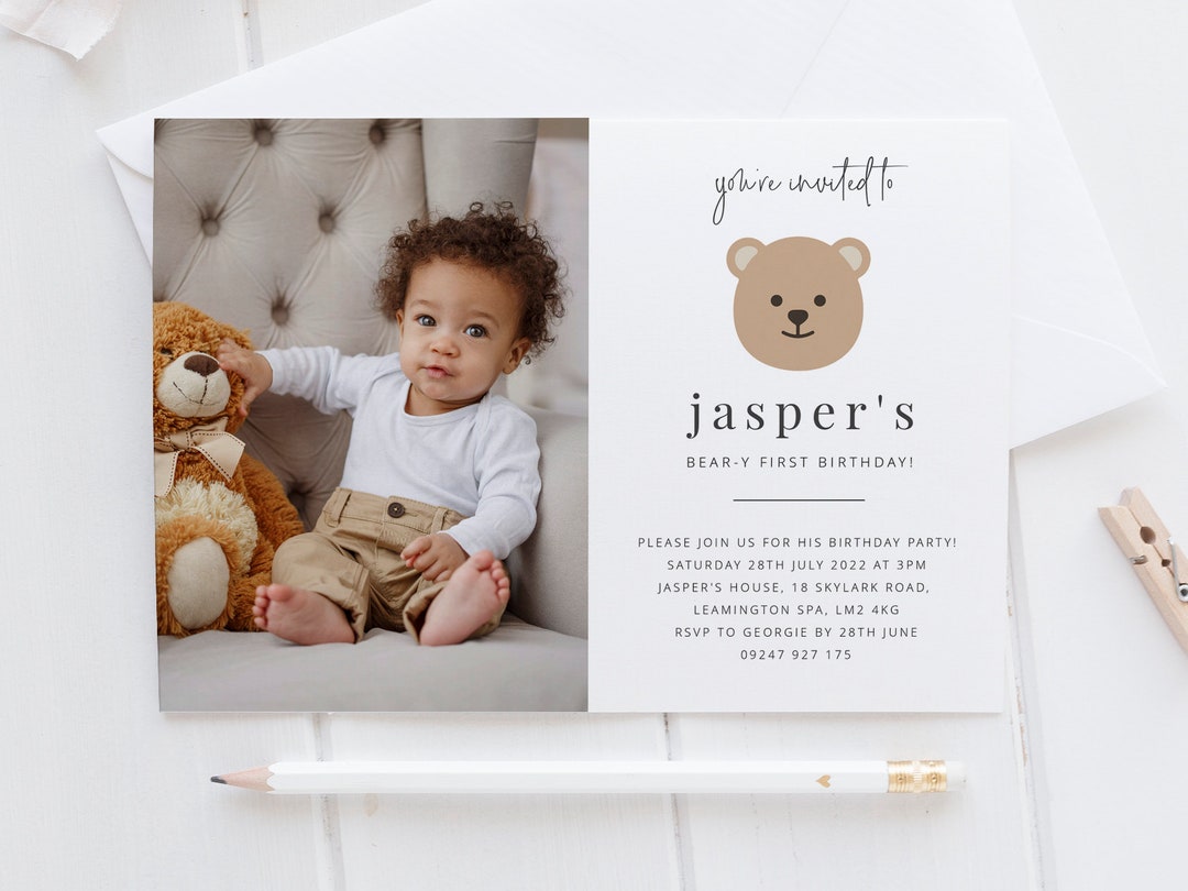 Bear Birthday Invitation Template, Photo Birthday Invitation, 1st ...