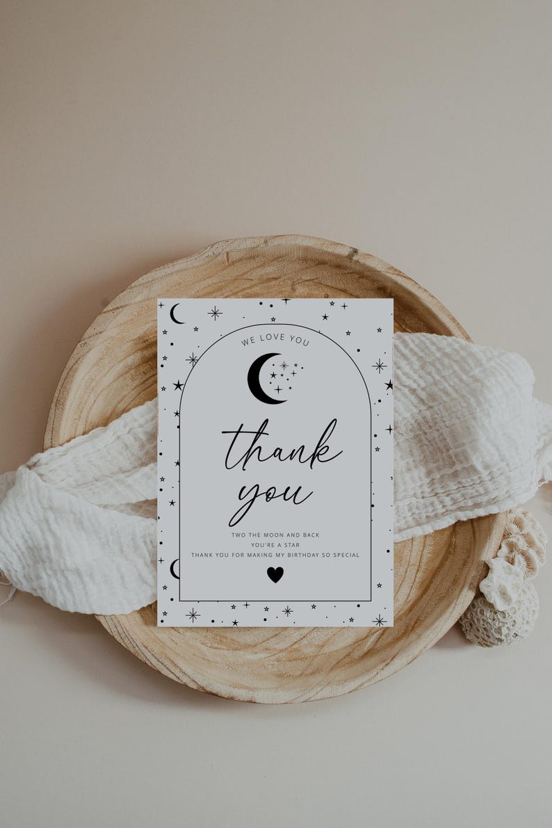 Two the Moon Thank You Note, Moon Stars Thank You Template, Celestial ...