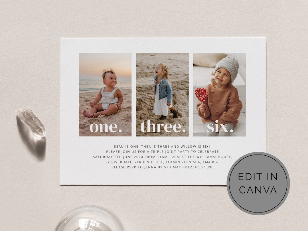 CANVA Template, Triple Birthday Invitation, 3 Siblings Birthday, Boho ...