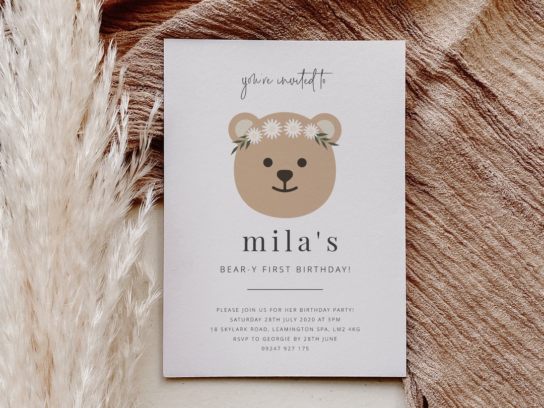 Editable Bear Birthday Invite, Daisy Floral Crown, Beary First Birthday ...