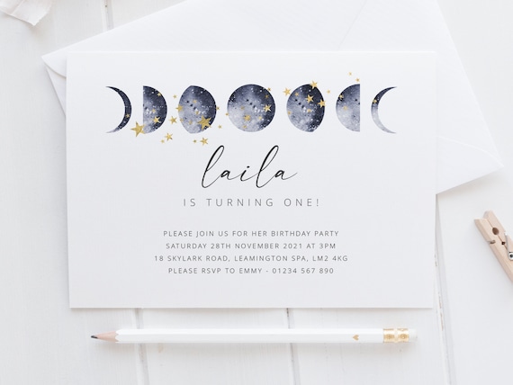 Editable Birthday Invitation Navy Moon Phase Celestial - Etsy