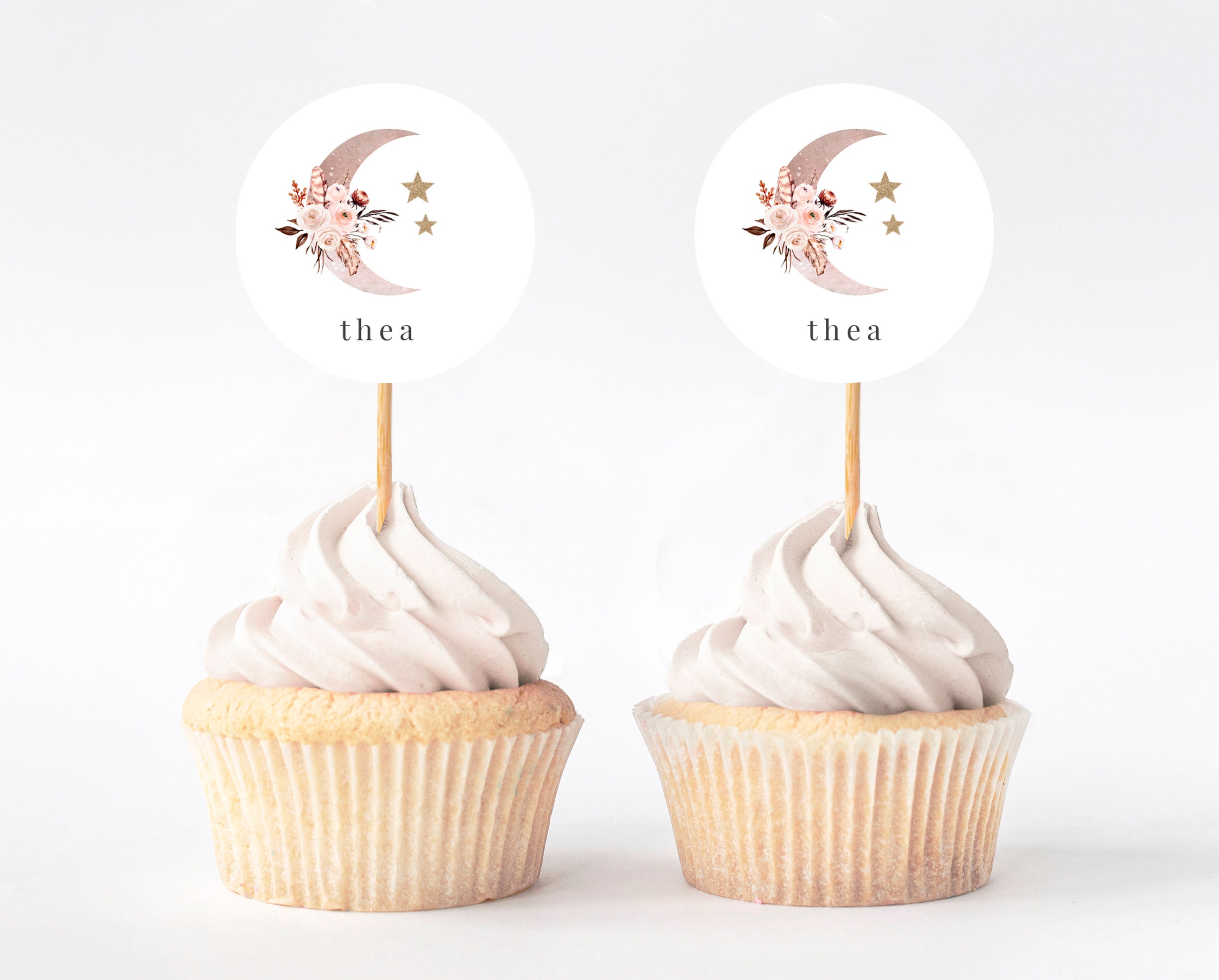 Pink Floral Moon Cupcake Topper Boho Floral Cupcake Template - Etsy