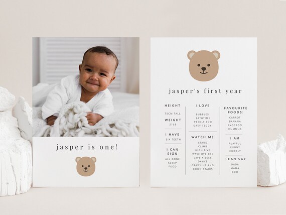 Editable Bear Birthday Card Mini Milestone Print Bear 1st - Etsy