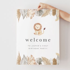 Lion Birthday Welcome Template, Editable Sign, Lion Neutral Leaf ...
