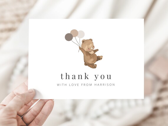 Bear Thank You Card Template Brown Bear Balloons Thank You | Etsy