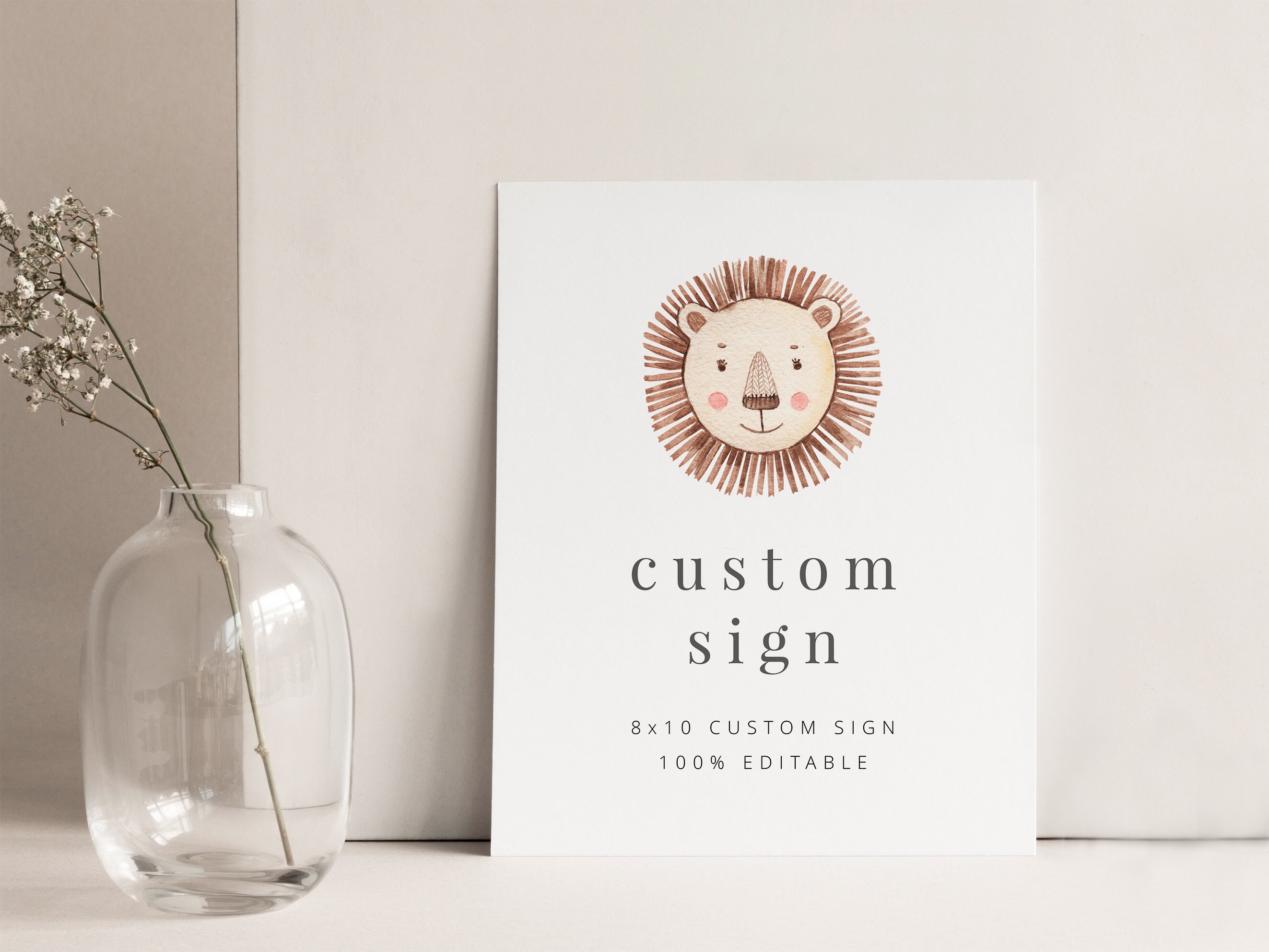 Custom Sign Template, Editable Sign, Watercolour Lion, Jungle Birthday ...