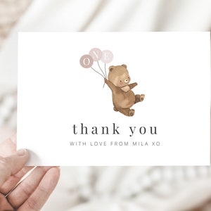 Bear Thank You Card Template, Pink Bear Balloons, Thank You Note, Teddy ...