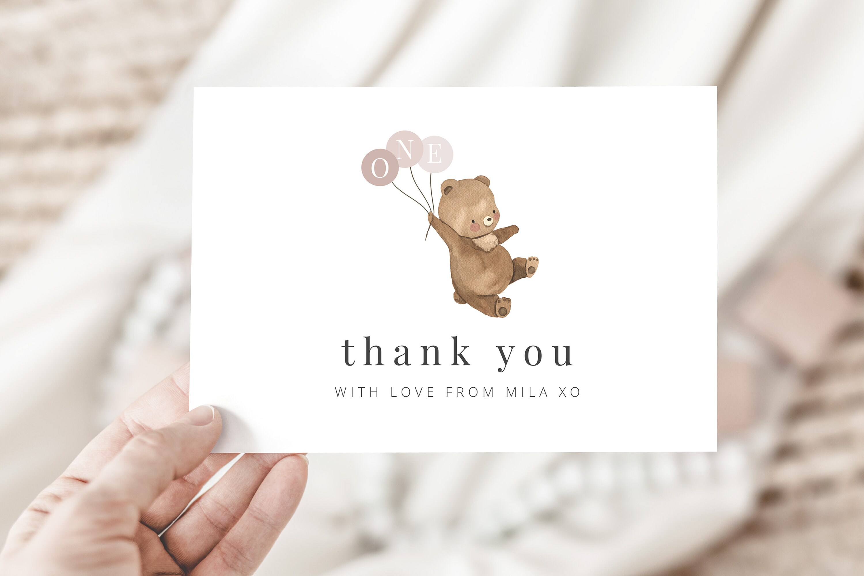 Bear Thank You Card Template, Pink Bear Balloons, Thank You Note, Teddy ...