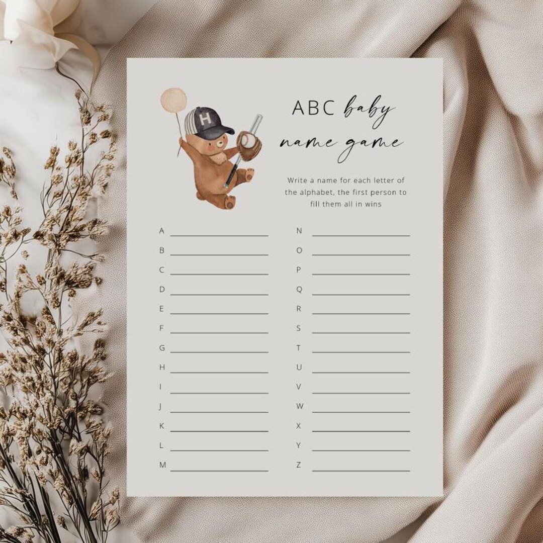 ABC Baby Name Game, Baseball Bear Baby Shower, Printable Baby Shower ...