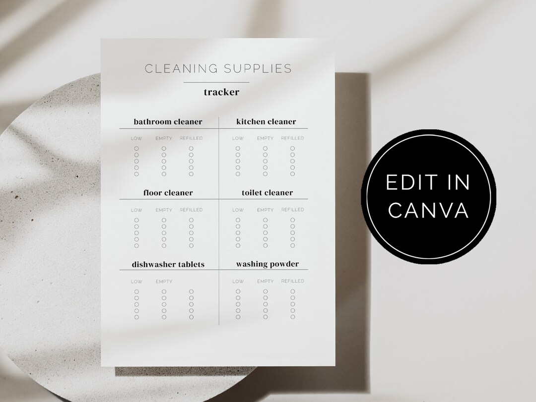 Cleaning Supplies Tracker, Canva Template, Minimal Cleaning Checklist ...