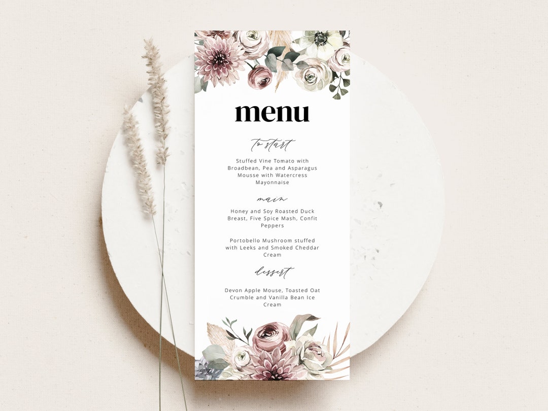 Floral Menu Template, Garden Party Menu, Boho Pampas Grass Menu, Modern ...