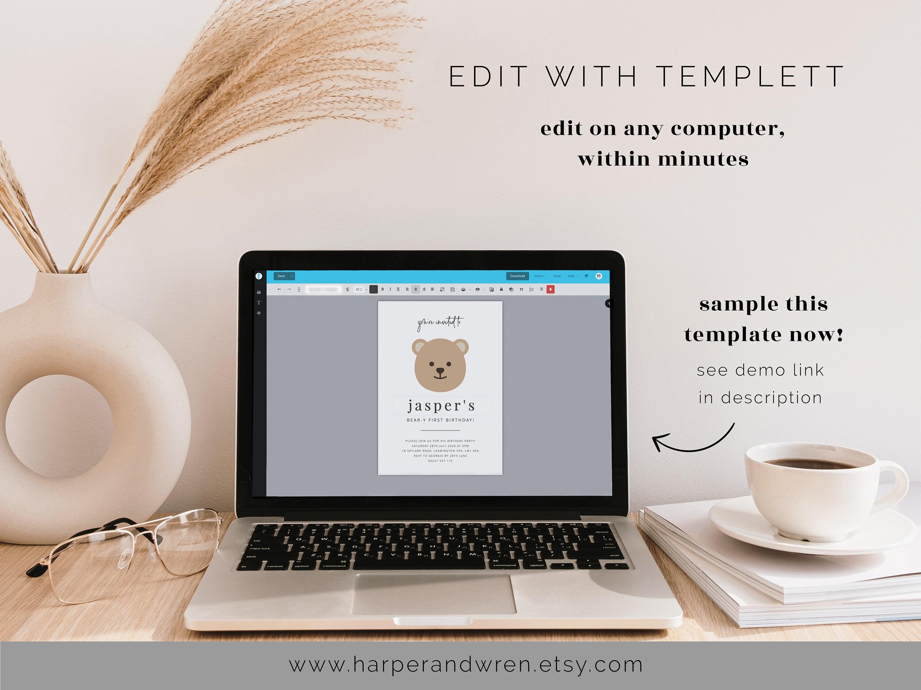 Editable Bear Birthday invitation Beary First Birthday Teddy | Etsy