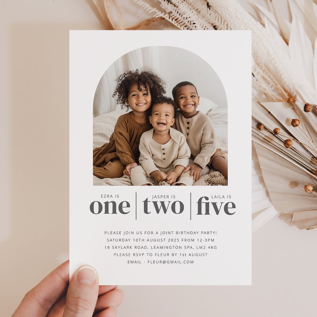 Triple Invitation Template, Arched Joint Birthday Invite, Boho Birthday ...