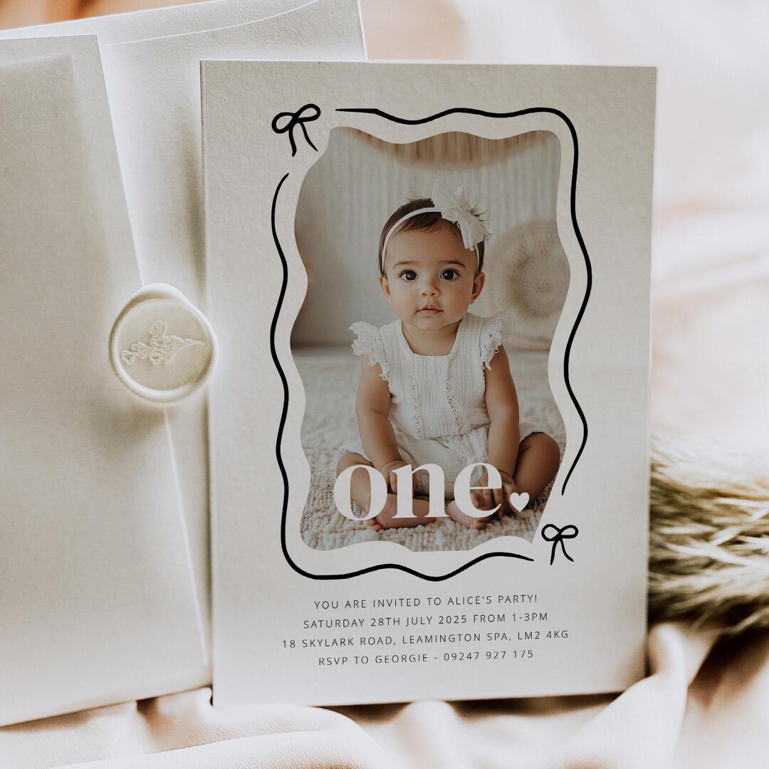Bow 1st Birthday, First Birthday Invitation Template, One Invitation ...