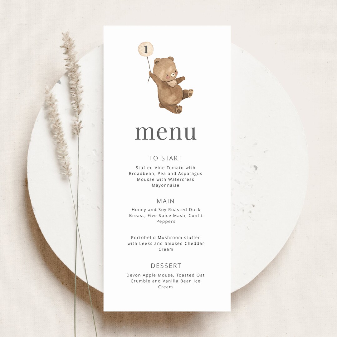 Bear Menu Template, Beary First Birthday, Teddy Bears Picnic Menu, 1st ...