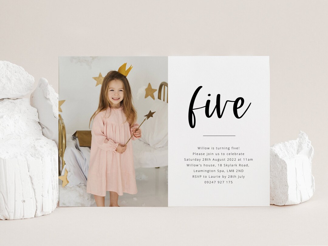 5th Birthday Invite Template, Photo Birthday Invitation, Modern 5th ...