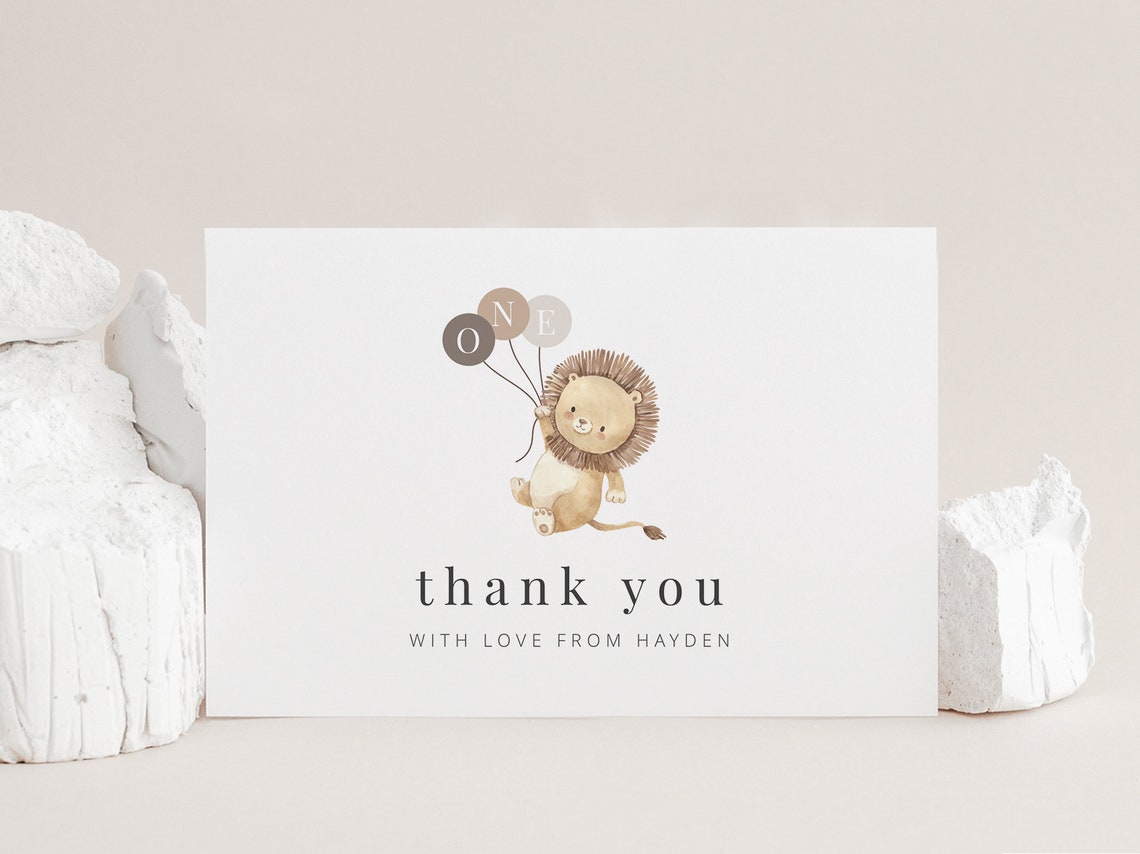Lion Thank You Card Template, Lion Brown Balloons, Lion Thank You Note ...