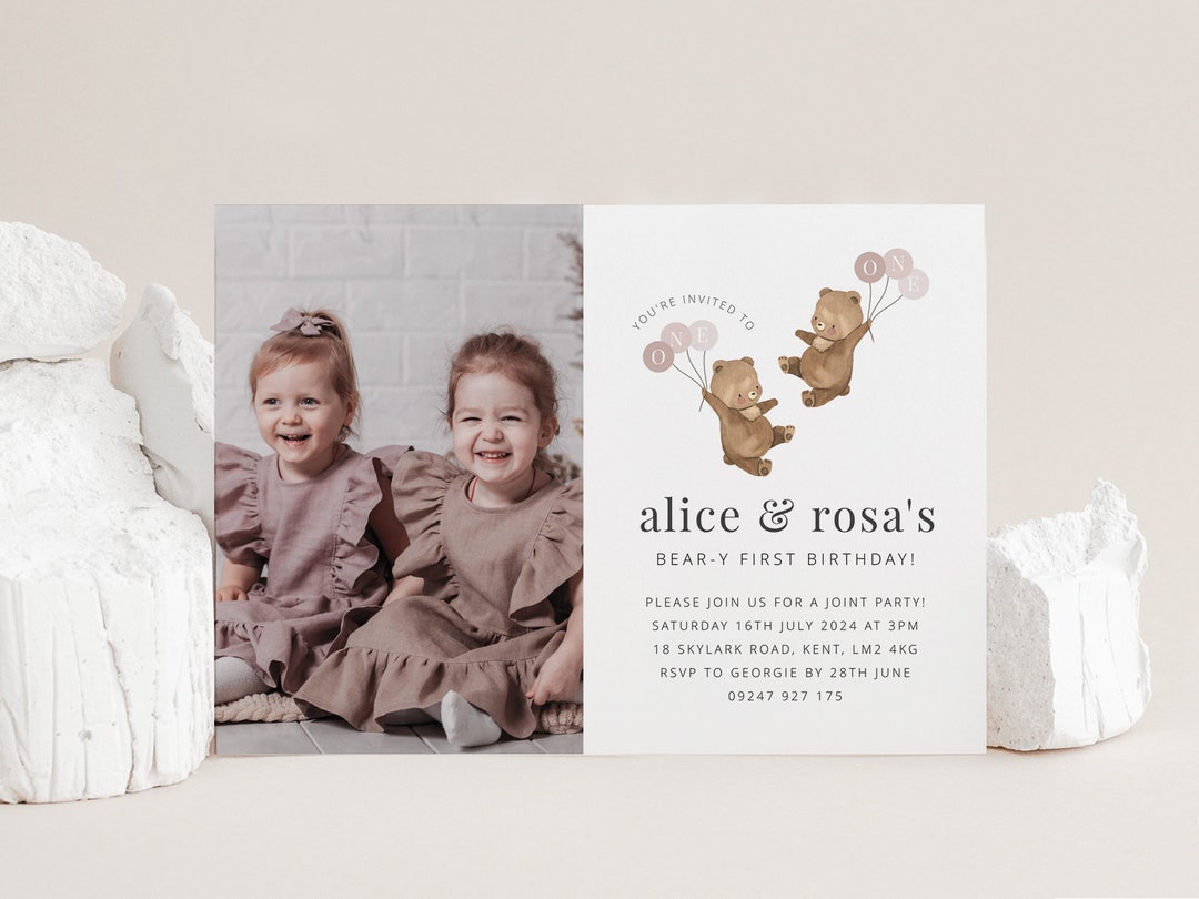 Bear Girl Twins Birthday Invite, Pink Balloons, 1st Birthday Invitation ...
