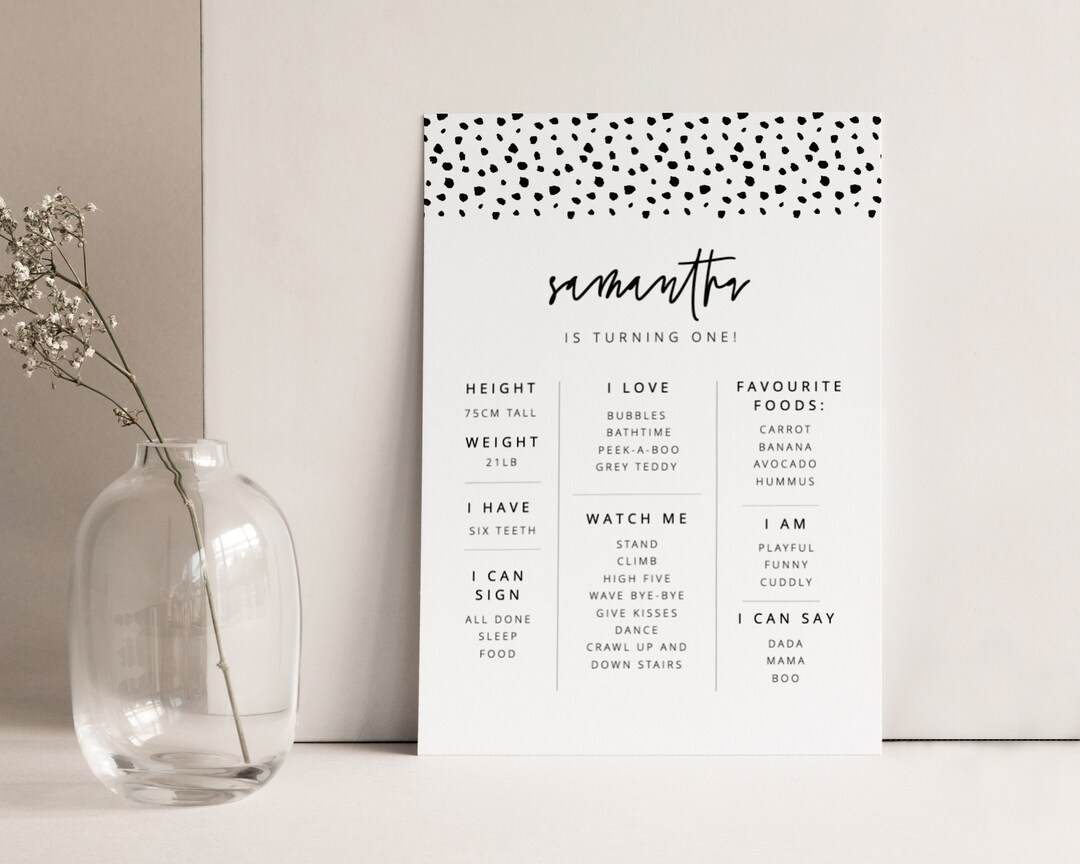 Editable Milestone Poster | Dalmatian Print | Monochrome First Birthday ...
