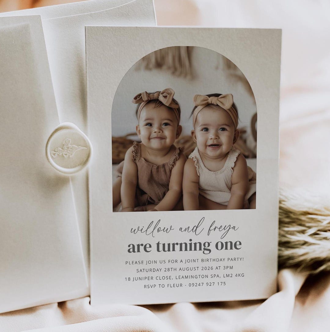 Girl Twins Birthday Party Invitation, Sibling Birthday Party, Arched ...