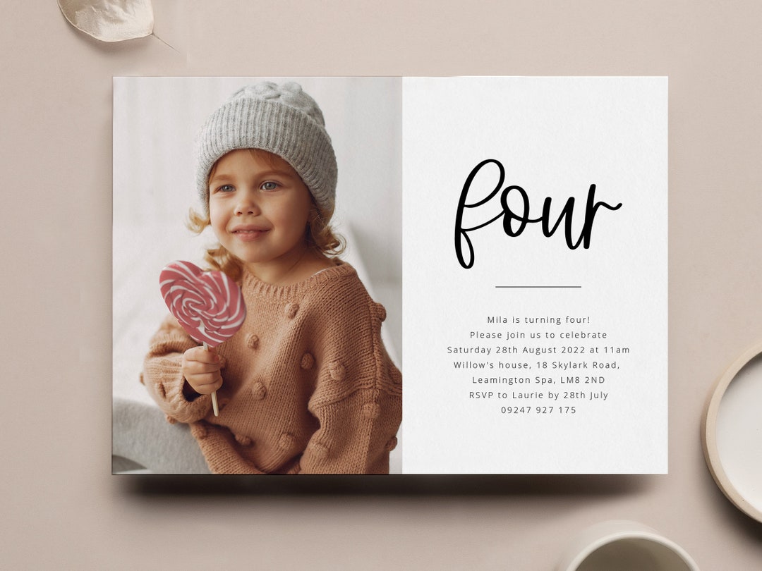 Fourth Birthday Invitation Template, Photo Birthday Invitation, Modern ...