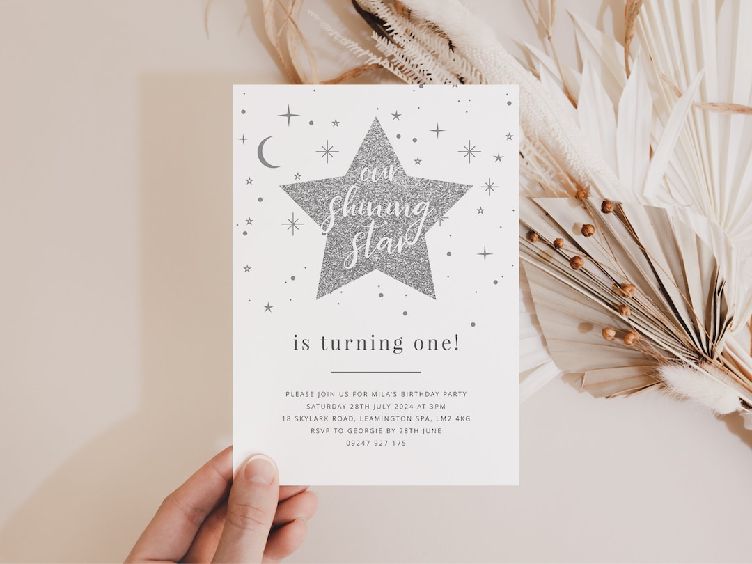 Star Birthday Invitation Template, 1st Birthday Silver Star, Our ...