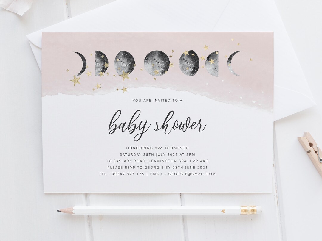 Moon Phase Invitation Template, Celestial Baby Shower, Pink Moon Baby ...