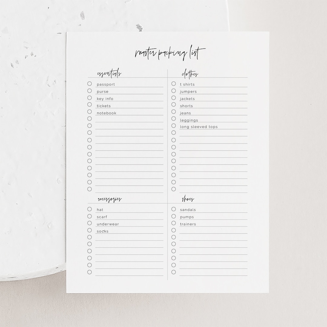 Editable Master Packing List | Printable Packing List | Minimal List ...
