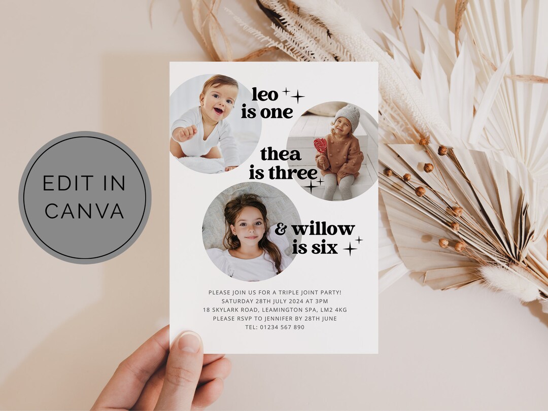 Triple Birthday Invitation Template, 3 Photos Birthday Invite, Canva ...