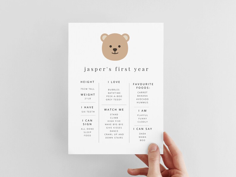 Editable Bear Birthday Card Mini Milestone Print Bear 1st - Etsy